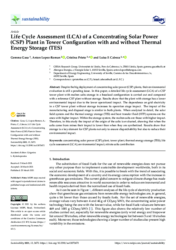 (PDF) Life Cycle Assessment (LCA) of a Concentrating Solar Power (CSP ...