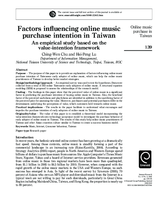 (PDF) Factors influencing online music purchase intention in Taiwan