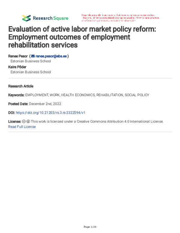 (PDF) Evaluation of active labor market policy reform: Employment ...