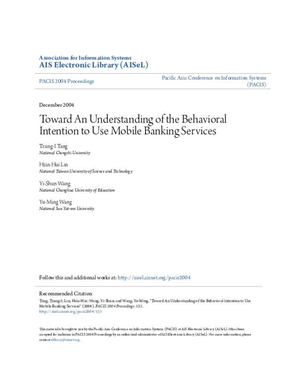 (PDF) Toward an understanding of the behavioral intention to use mobile banking