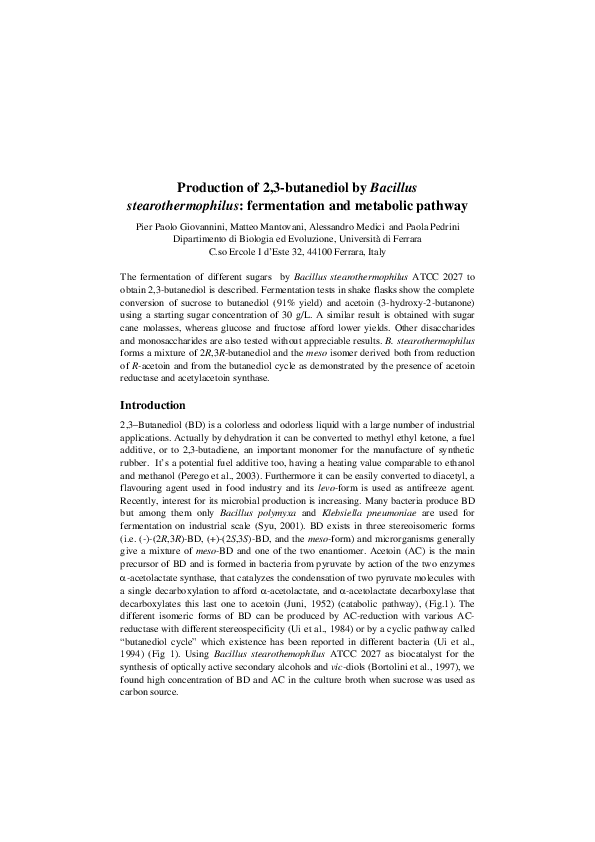 (PDF) Production of 2,3-butanediol by Bacillus stearothermophilus: fermentation and metabolic ...