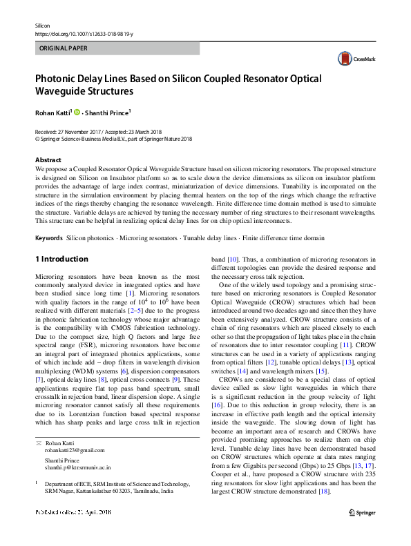 (PDF) Photonic Delay Lines Based on Silicon Coupled Resonator Optical Waveguide Structures