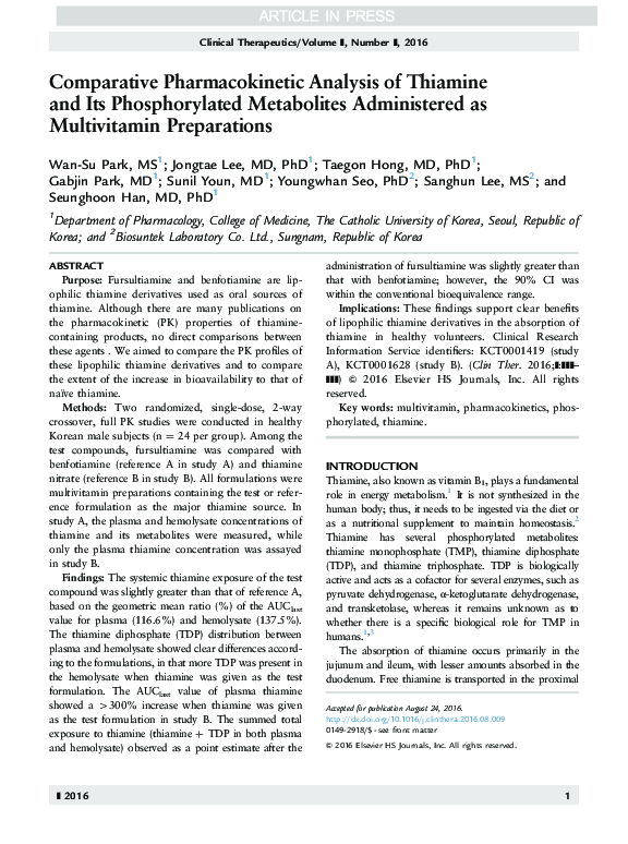 (PDF) Comparative Pharmacokinetic Analysis of Thiamine and Its ...