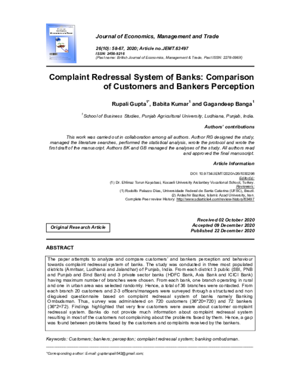 (PDF) Complaint Redressal System of Banks: Comparison of Customers and ...