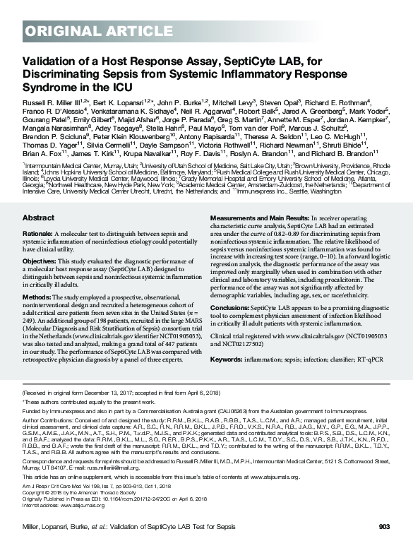 (PDF) Validation of a Host Response Assay, Septicyte™ LAB, for ...