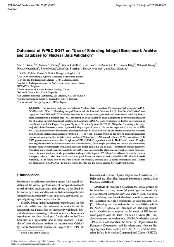 (PDF) Outcomes of WPEC SG47 on "Use of Shielding Integral Benchmark Archive and Database for ...