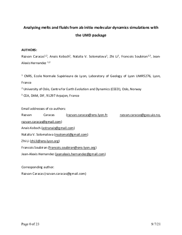 (PDF) Analyzing Melts and Fluids from Ab Initio Molecular Dynamics Simulations with the UMD Package