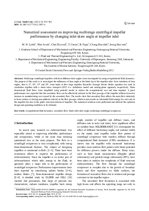 (PDF) Numerical assessment on improving multistage centrifugal impeller performance by changing ...