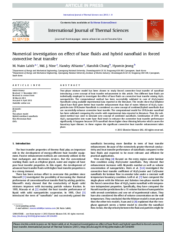 (PDF) Numerical investigation on effect of base fluids and hybrid nanofluid in forced convective ...