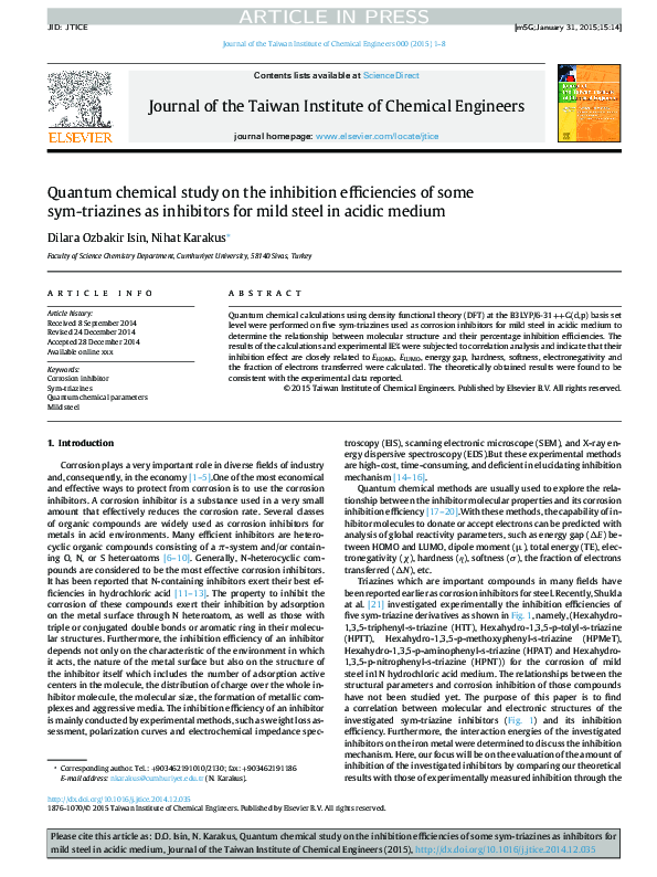 (PDF) Quantum chemical study on the inhibition efficiencies of some sym ...