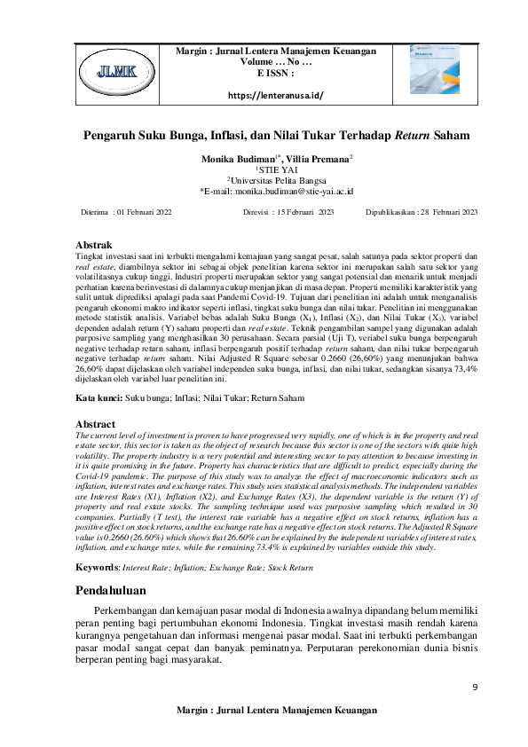 (PDF) Pengaruh Suku Bunga, Inflasi, dan Nilai Tukar Terhadap Return Saham