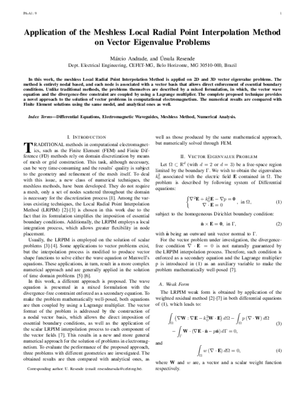 Pdf Application Of The Meshless Local Radial Point Interpolation Method On Vector Eigenvalue