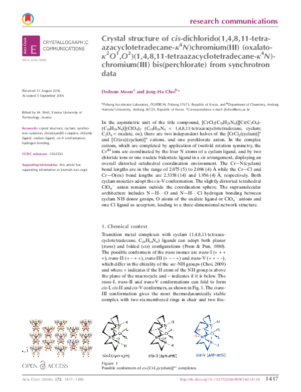 (PDF) Crystal structure of cis-di-chlorido-(1,4,8,11-tetra-aza-cyclo ...