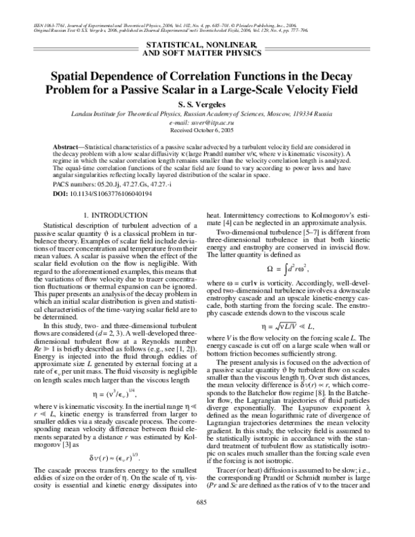 (PDF) Spatial dependence of correlation functions in the decay problem for a passive scalar in a ...