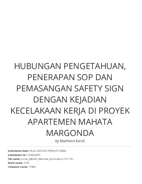 (PDF) Hubungan Pengetahuan, Penerapan Sop Dan Pemasangan Safety Sign ...