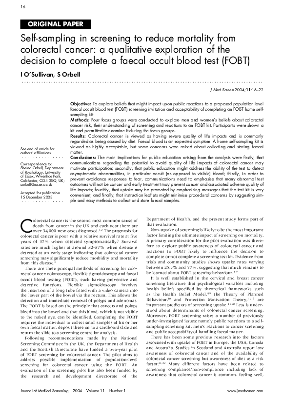 (PDF) Self-Sampling in Screening to Reduce Mortality from Colorectal ...