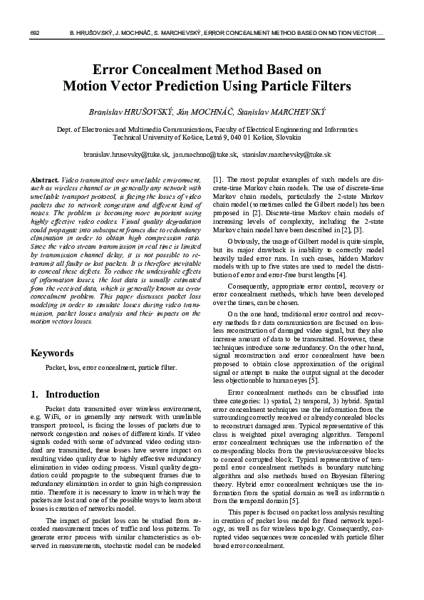 Pdf Error Concealment Method Based On Motion Vector Prediction Using Particle Filters