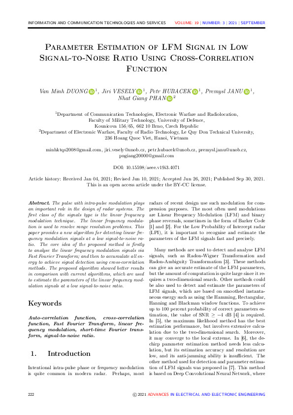 Pdf Parameter Estimation Of Lfm Signal In Low Signal To Noise Ratio Using Cross Correlation