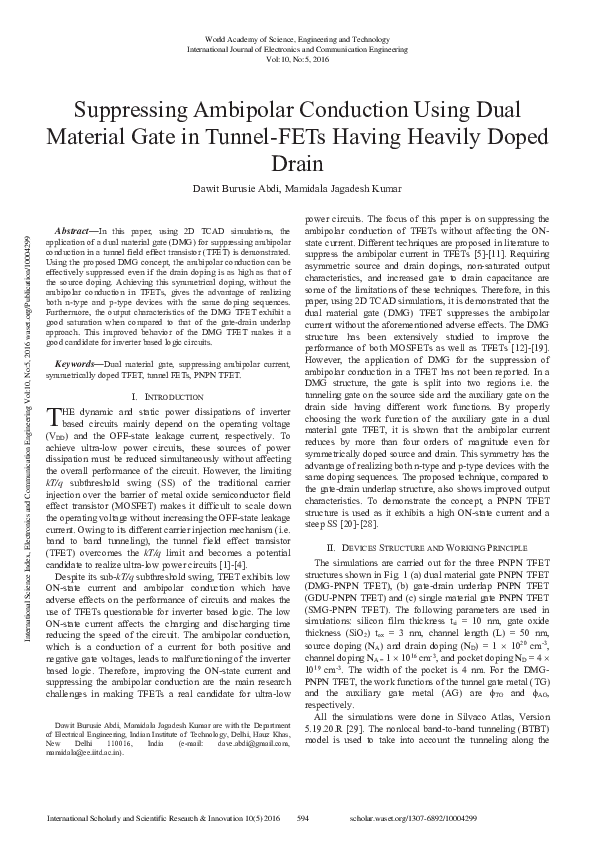 (PDF) Suppressing Ambipolar Conduction Using Dual Material Gate In Tunnel-Fets Having Heavily ...