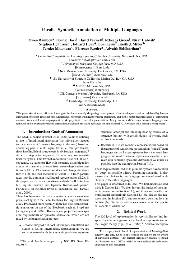 Pdf Parallel Syntactic Annotation Of Multiple Languages Lorraine Levin