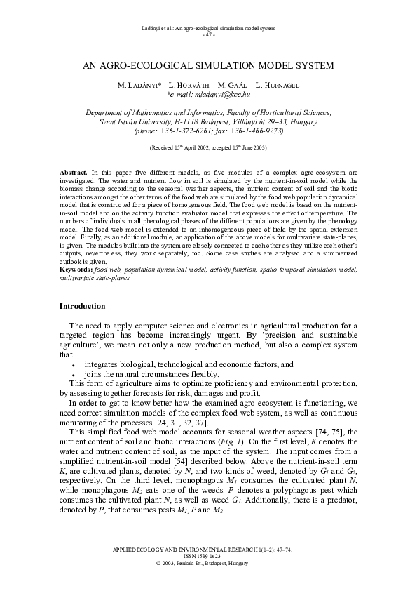 (PDF) An Agro-Ecological Simulation Model System | Levente Hufnagel - Academia.edu