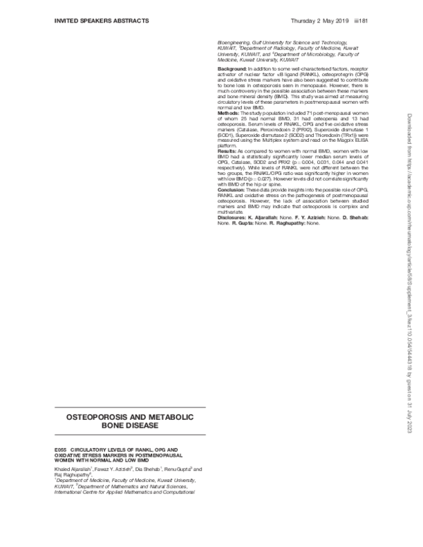 (PDF) E055 Circulatory levels of RANKL, OPG and oxidative stress markers in postmenopausal women ...