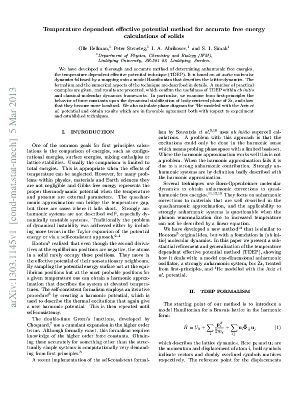 (PDF) Temperature dependent effective potential method for accurate free energy calculations of ...