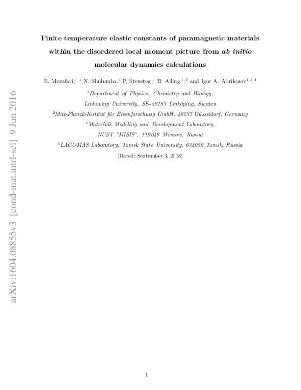 (PDF) Finite-temperature elastic constants of paramagnetic materials within the disordered local ...