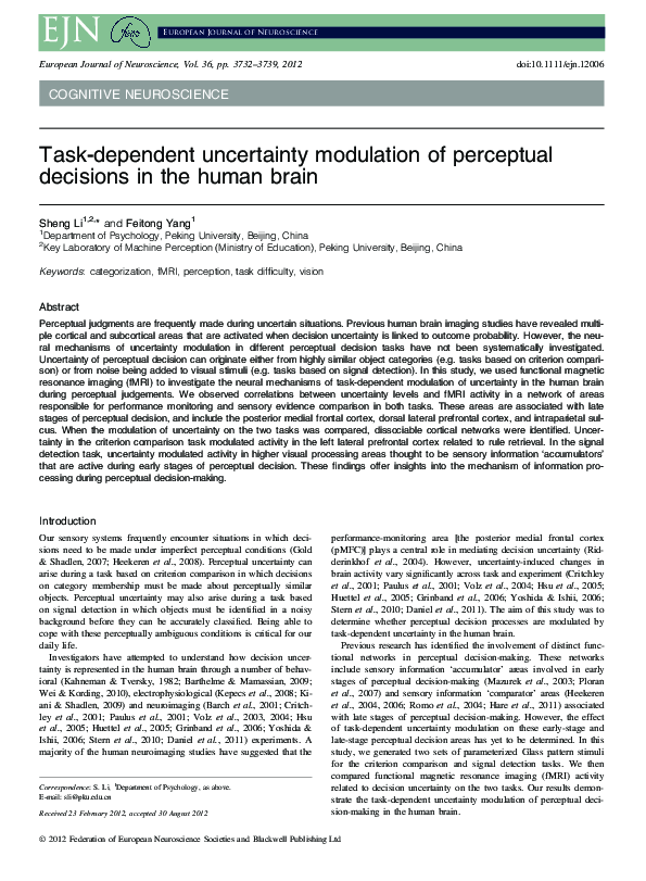 (PDF) COGNITIVE NEUROSCIENCE Task-dependent uncertainty modulation of perceptual decisions in ...