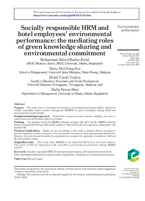 (PDF) Socially responsible HRM and hotel employees’ environmental performance: the mediating ...