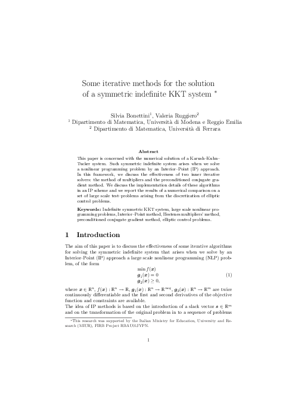 (PDF) Some iterative methods for the solution of a symmetric indefinite KKT system