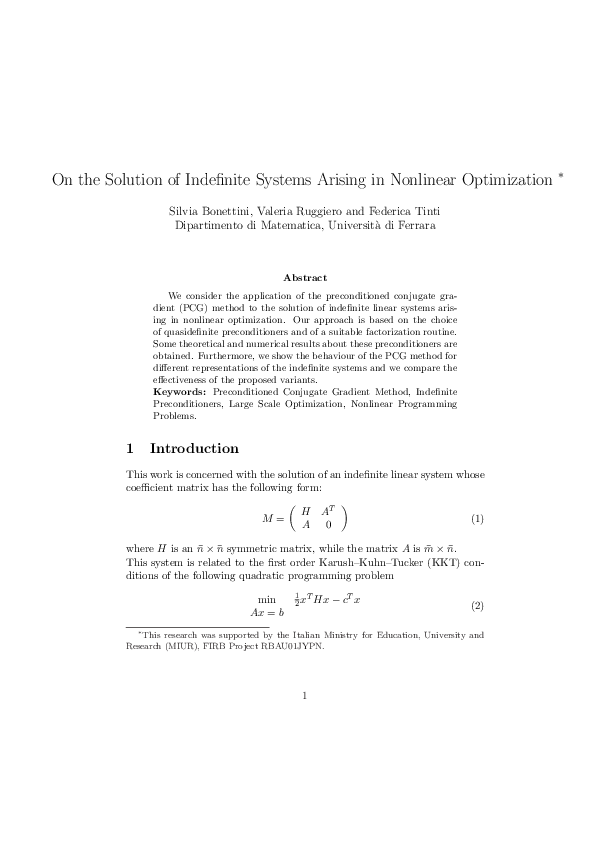 (PDF) On the solution of indefinite systems arising in nonlinear programming problems