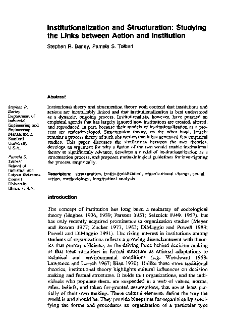 (PDF) Institutionalization and Structuration: Studying the Links between Action and Institution