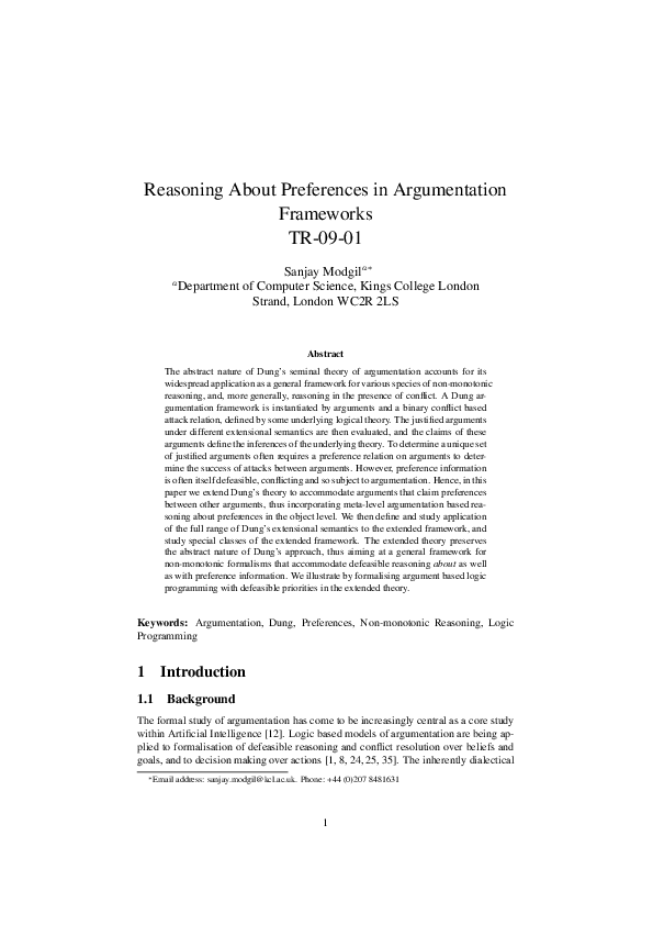 (PDF) Reasoning about preferences in argumentation frameworks