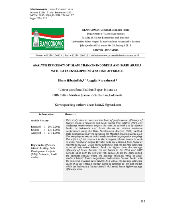 Pdf Analysis Efficiency Of Islamic Bank In Indonesia And Saudi Arabia With Data Envelopment