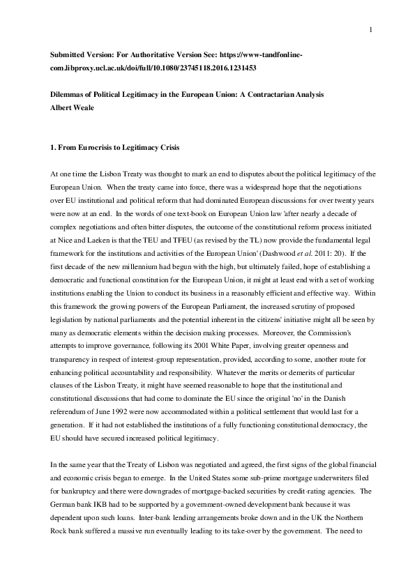 (PDF) Dilemmas of political legitimacy in the European Union: a ... (PDF) Dilemmas of political legitimacy in the European Union: a ...