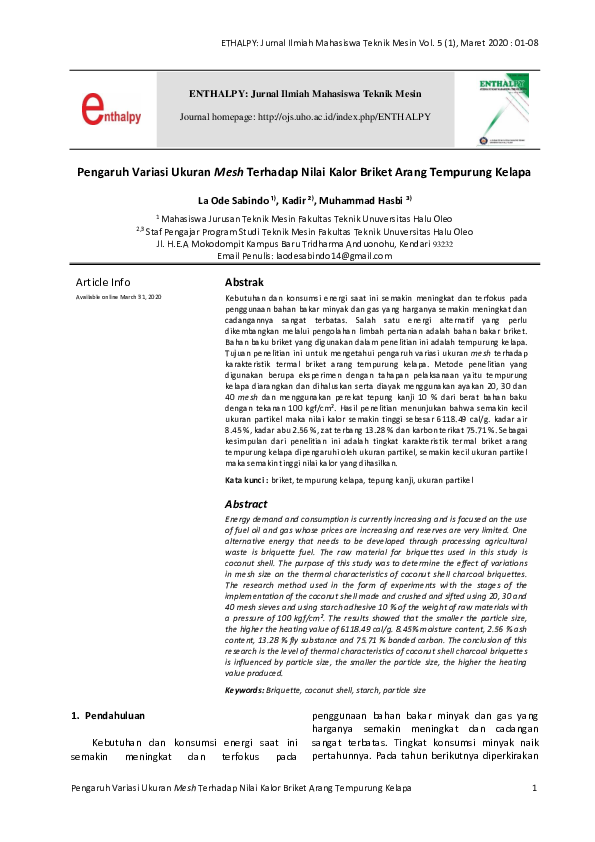(PDF) Pengaruh Variasi Ukuran Mesh Terhadap Nilai Kalor Briket Arang Tempurung Kelapa