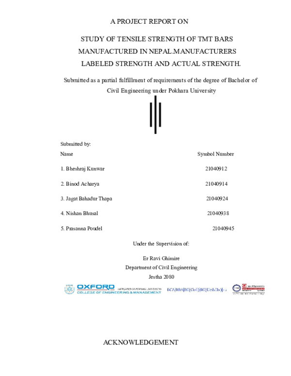 (DOC) A PROJECT REPORT ON STUDY OF TENSILE STRENGTH OF TMT BARS
