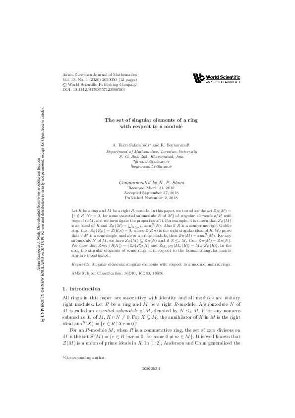 (PDF) The set of singular elements of a ring with respect to a module