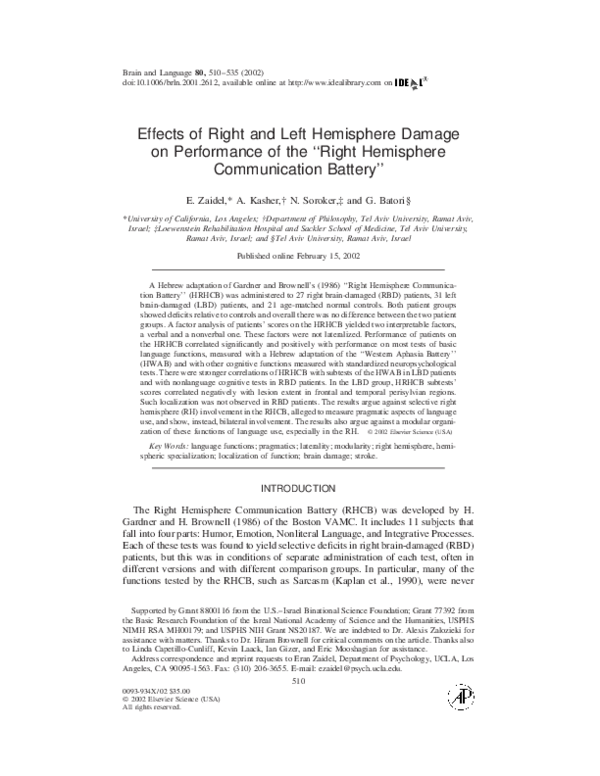 (PDF) Effects of Right and Left Hemisphere Damage on Performance of the ...