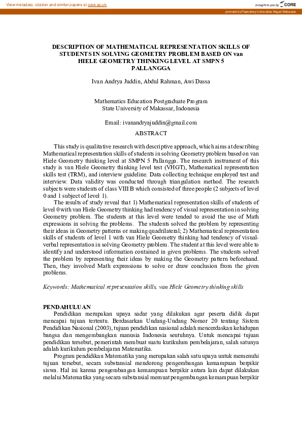 (PDF) DESCRIPTION OF MATHEMATICAL REPRESENTATION SKILLS OF STUDENTS IN SOLVING GEOMETRY PROBLEM ...