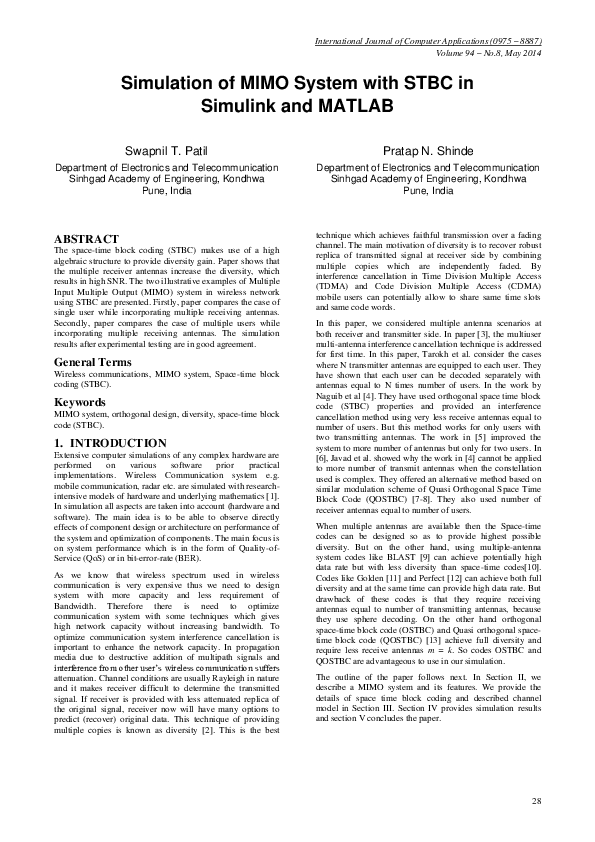 Pdf Simulation Of Mimo System With Stbc In Simulink And Matlab