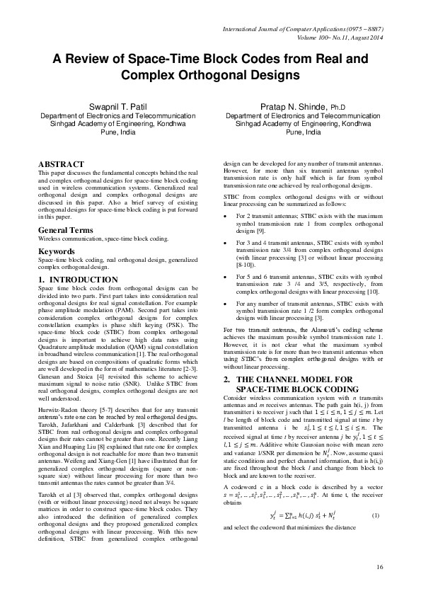 Pdf A Review Of Space Time Block Codes From Real And Complex Orthogonal Designs Dr Pratap