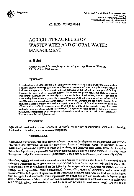 (PDF) Agricultural Reuse of Wastewater and Global Water Management