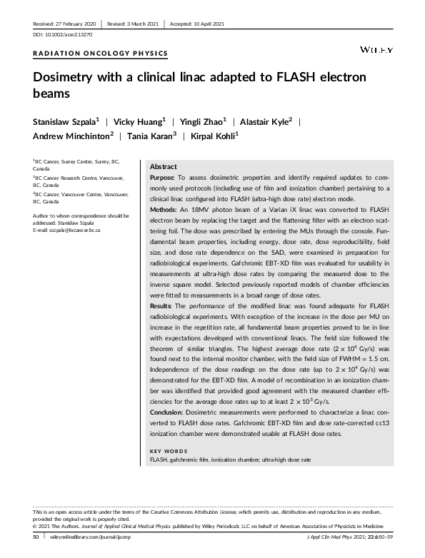 (PDF) Dosimetry with a clinical linac adapted to FLASH electron beams