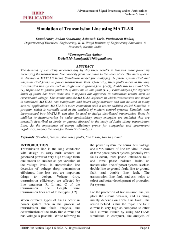 (PDF) Simulation of Transmission Line using MATLAB