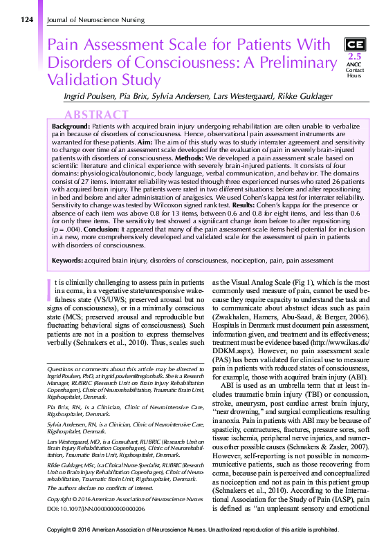 (PDF) Pain Assessment Scale for Patients With Disorders of Consciousness