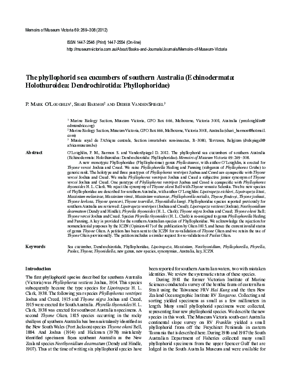 (PDF) The phyllophorid sea cucumbers of southern Australia ...