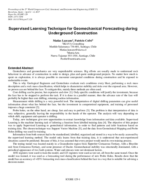 (PDF) Supervised Learning Technique for Geomechanical Forecasting during Underground ...