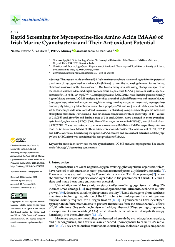 (PDF) Rapid Screening for Mycosporine-like Amino Acids (MAAs) of Irish Marine Cyanobacteria and ...